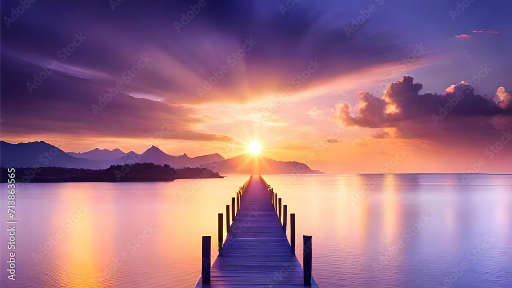 Paesaggio. Un molo si perde nel lago, con sfondo di montagne e colline ...