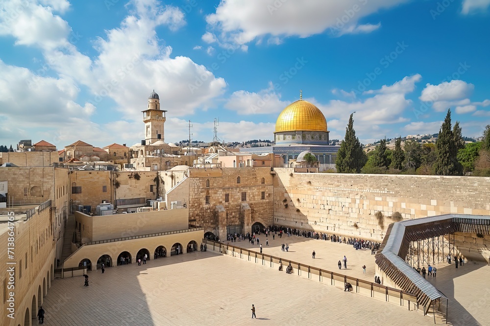 Jerusalem old city aerial view to the wailing wall kotel and dome of ...