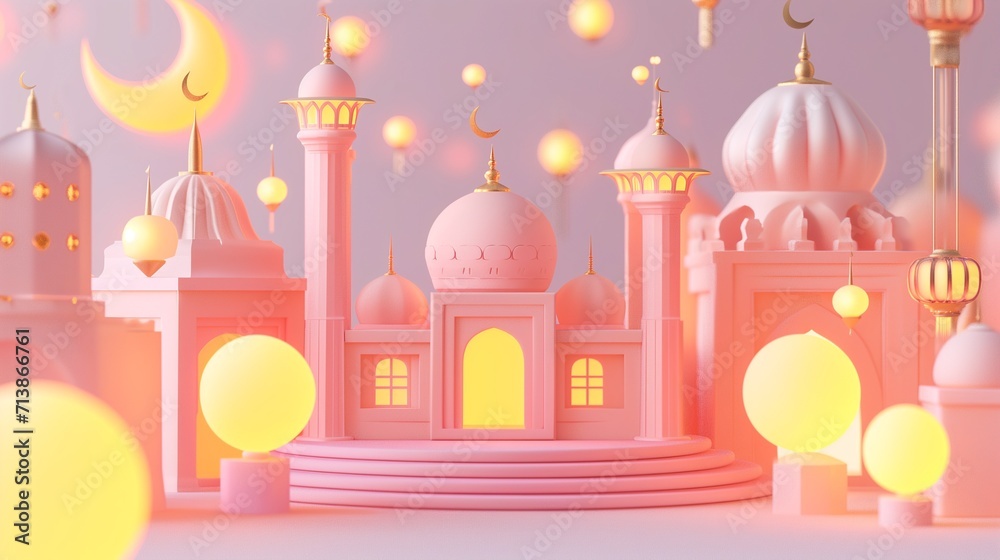 Pastel pink mosque with elegant domes and minarets, surrounded by ...
