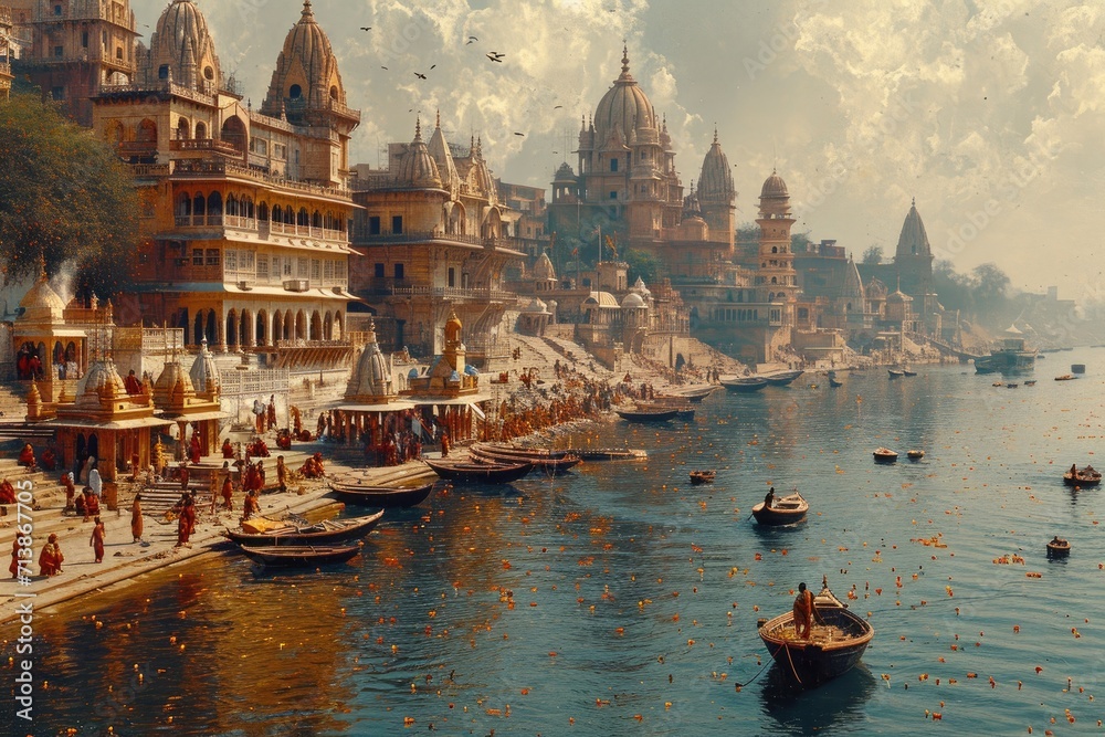 Varanasi, View of Prayag Ghat and Dashaswamedh Ghat from Ganges river ...