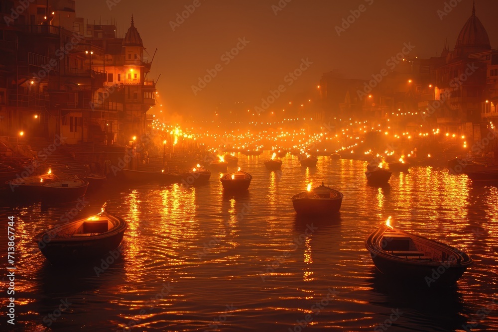 Beautiful night skyline view of the ghats and Ganges River in Varanasi ...