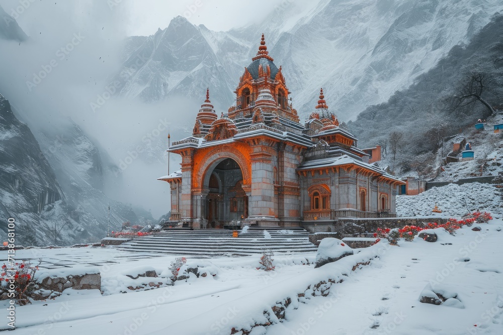 An ancient kedarnath temple, snow in the mountain Stock Photo | Adobe Stock