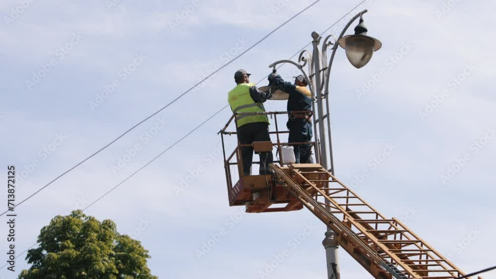 fix light, pole lamp, worker repair. Street light repair work, where ...