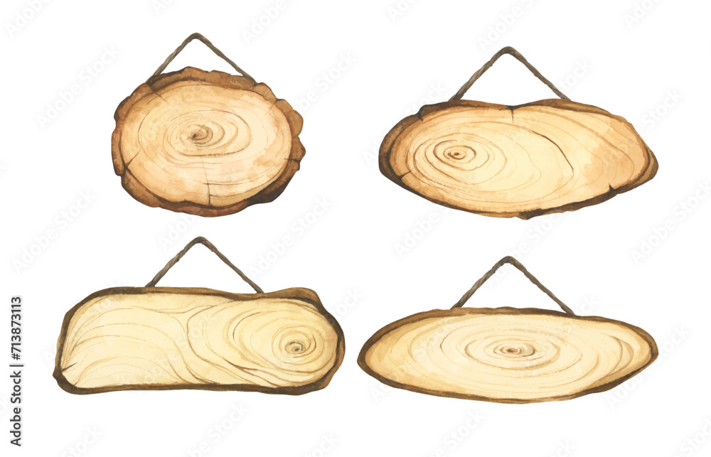 Set of Wooden signboard. Tree trunk cross section. Hand painted wooden ...