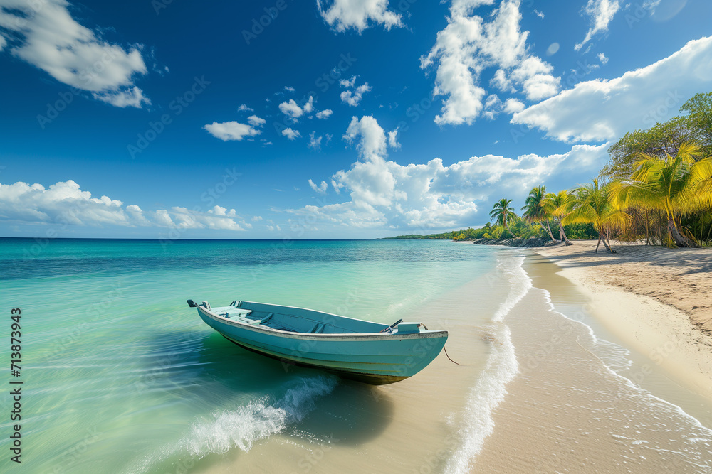 Sunny beach with coconut palm trees on exotic Paradise island. White ...