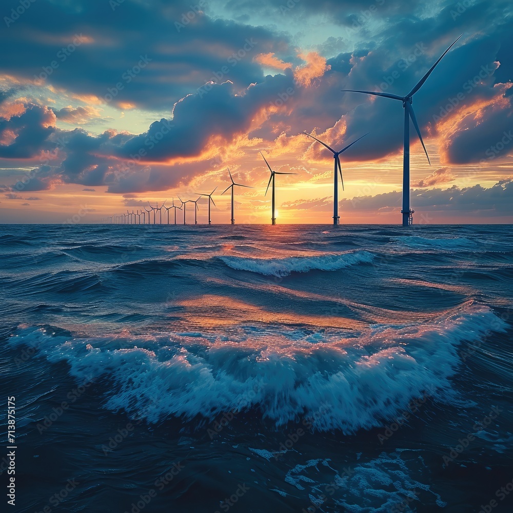 An offshore wind farm with turbines in the ocean, Gentle waves at the ...