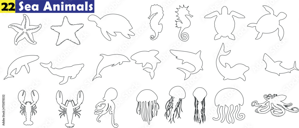 Sea Animals line art Vector Collection, Starfish, Dolphin, Seahorse ...