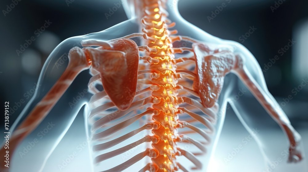 3D render of a human lumbar spine demonstrating herniated disc ...