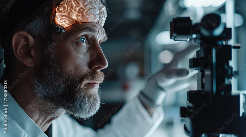 A high-precision artificial intelligence robot looks into the eyes of a ...