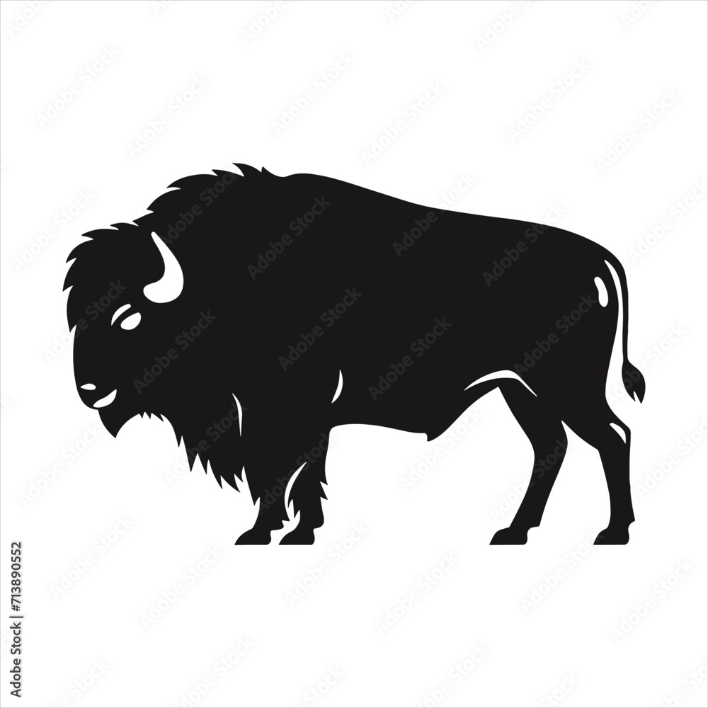 black silhouette of a American bison with thick outline side view ...