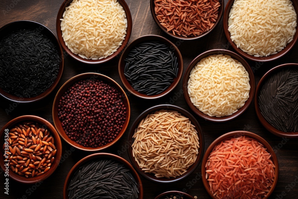 Assorted rice types and colors red black basmati whole grain long grain ...