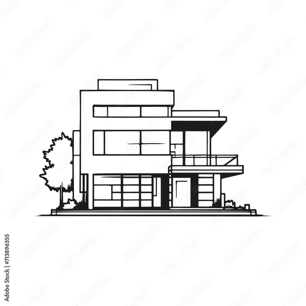 Flat roof house or commercial building in continuous line art drawing ...