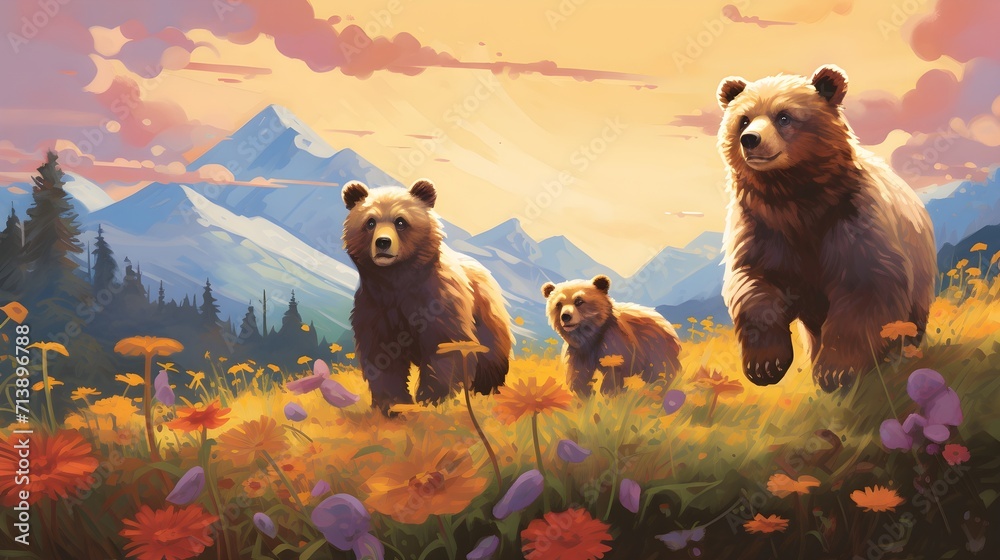 Playful Bear Cubs: Dive into a vibrant North American meadow as bear ...