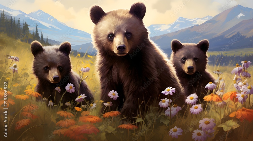 Playful Bear Cubs: Dive into a vibrant North American meadow as bear ...