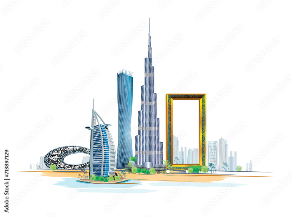 Plakát illustration of Dubai city and its Famous landmarks vector ...