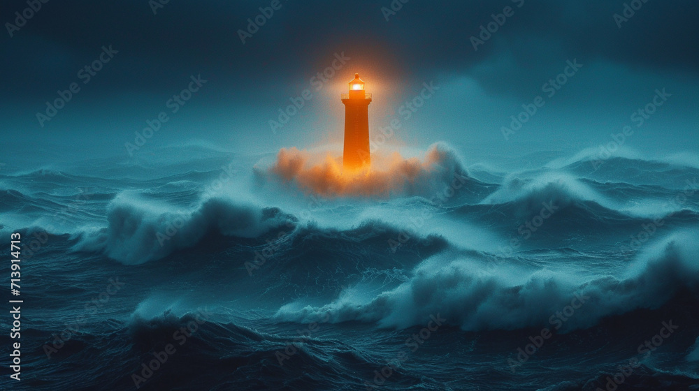 A visualization of a lighthouse casting a fiery beam over a tumultuous ...