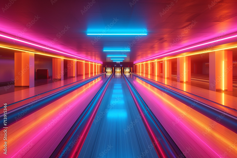 A depiction of a neon-lit bowling alley with lanes that curve and twist ...