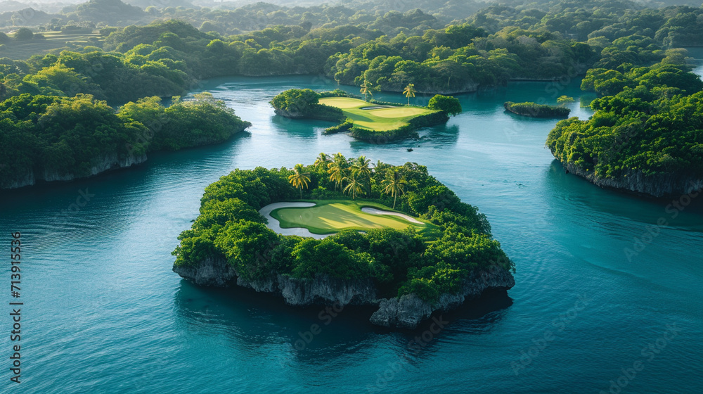A depiction of a golf course on a series of small, tropical islands ...