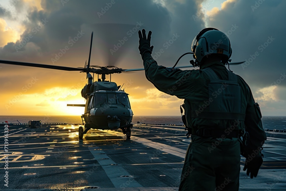 A signaller sends a signal to an anti-submarine helicopter on the ...
