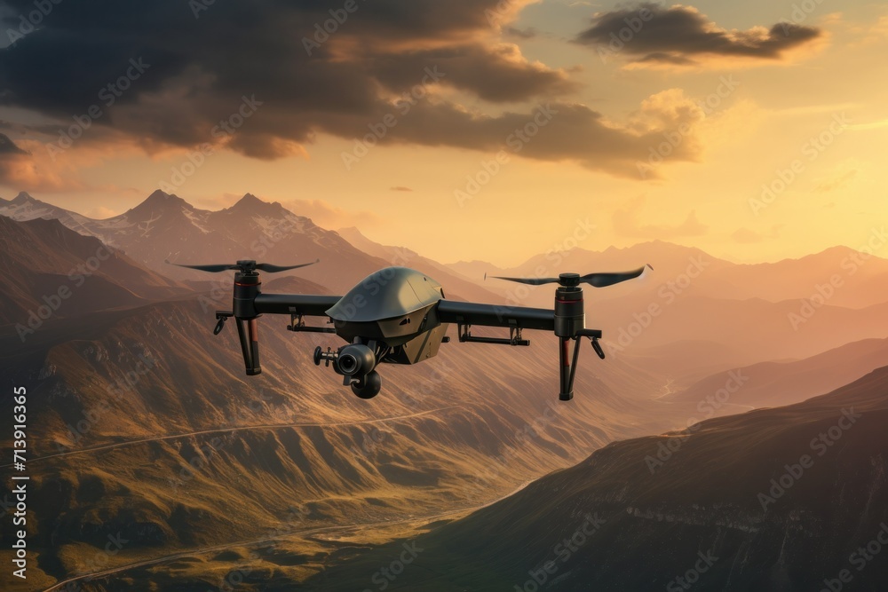 Military fighter drone in high altitude reconnaissance air zone. Drone ...