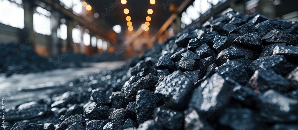 Big heap of dark black lump coal on floor bulk Charcoal sorage at ...