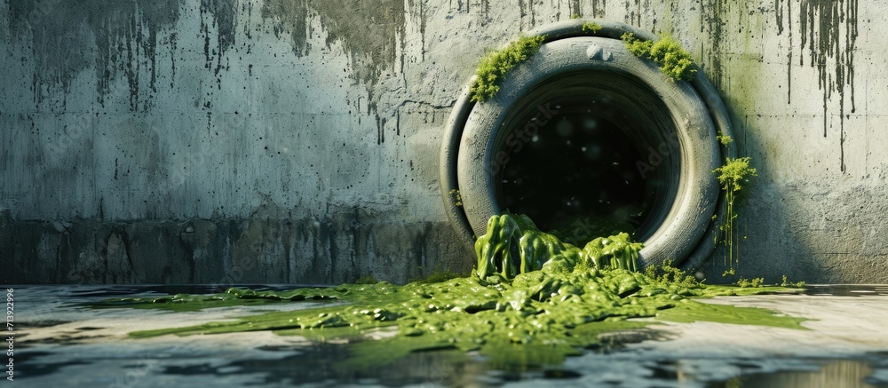 Bright green polluted effluent flowing through a drainage pipe exiting ...