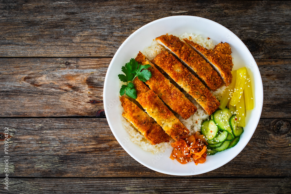Torikatsu - crispy Japanese chicken cutlet with white rice and ...