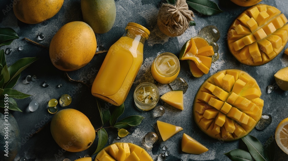 Ripe mangoes cut into cubes, whole mangoes, and freshly squeezed mango ...
