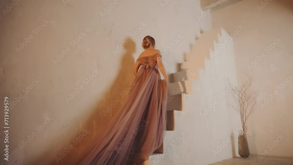 Fairy lady queen fashion model walking go on steps of staircase old ...