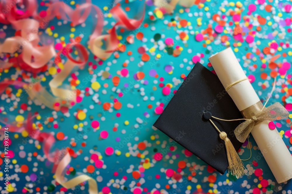 graduation theme with a black mortarboard and a rolled diploma tied ...