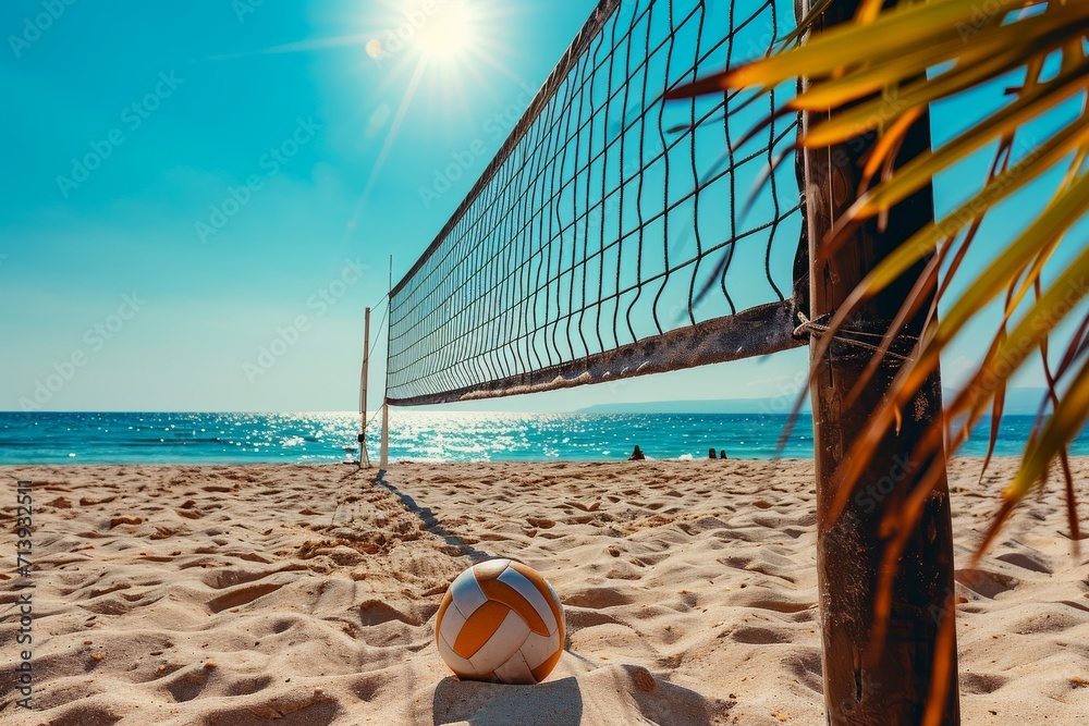 volleyball net stretches across the image with the ocean as its ...