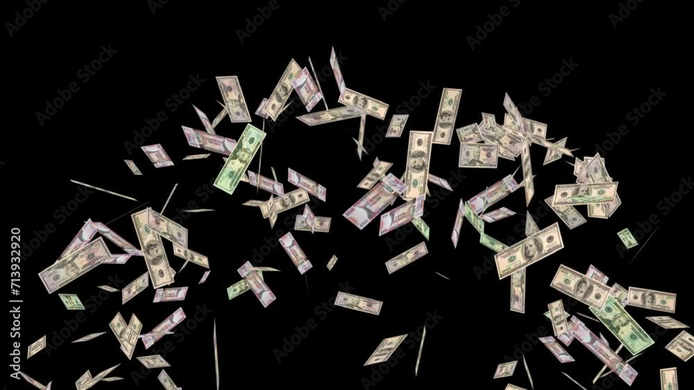 Dollar spread animation on transparent background, note bursting ...
