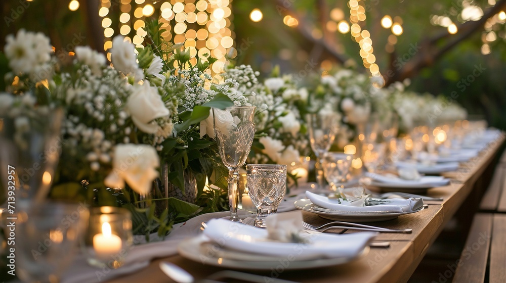Table setting with white flowers for outdoor wedding dinner, background ...