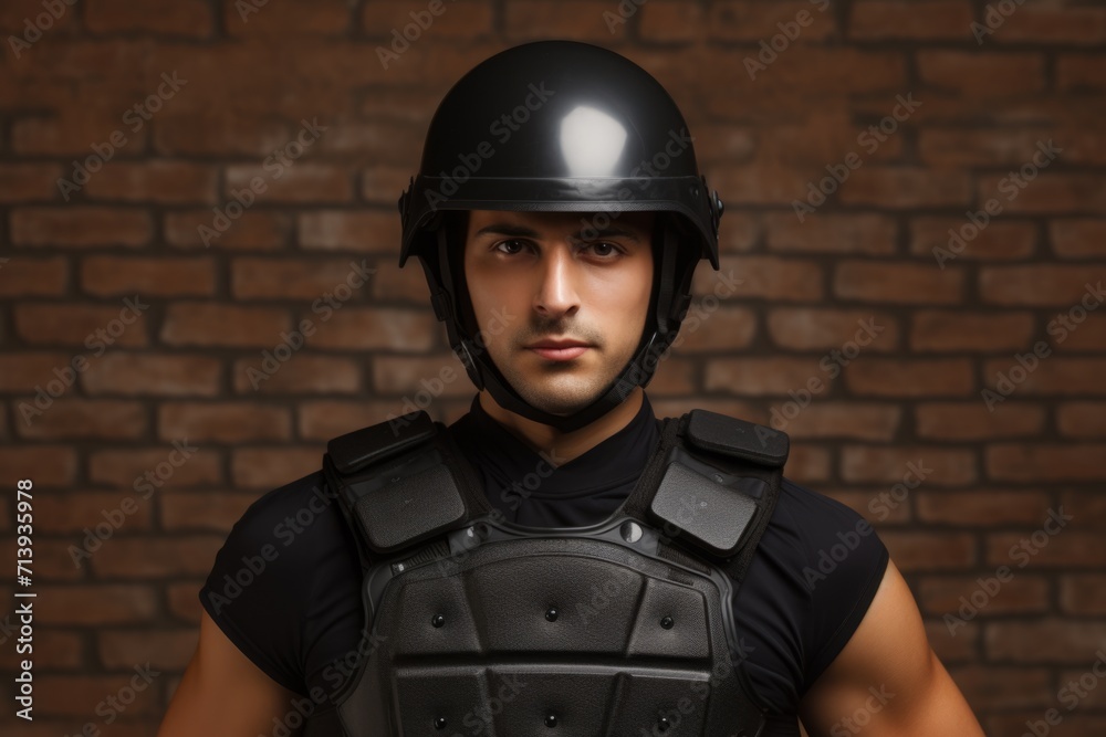a civilian, a young man in a helmet and bulletproof vest, portrait. a ...