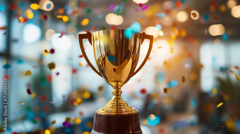 A gleaming gold winners trophy cup takes center stage amidst a shower ...
