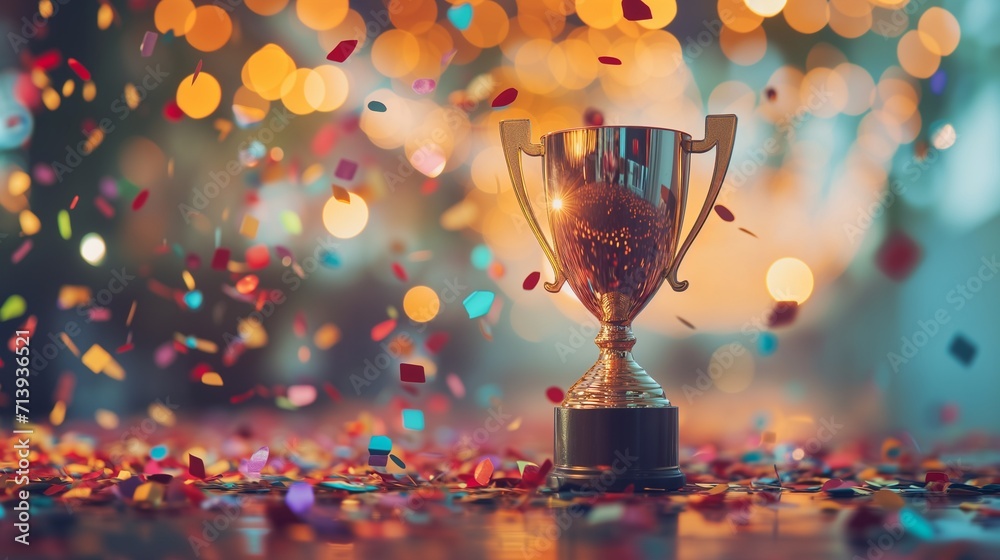 A gleaming gold winners trophy cup takes center stage, surrounded by a ...