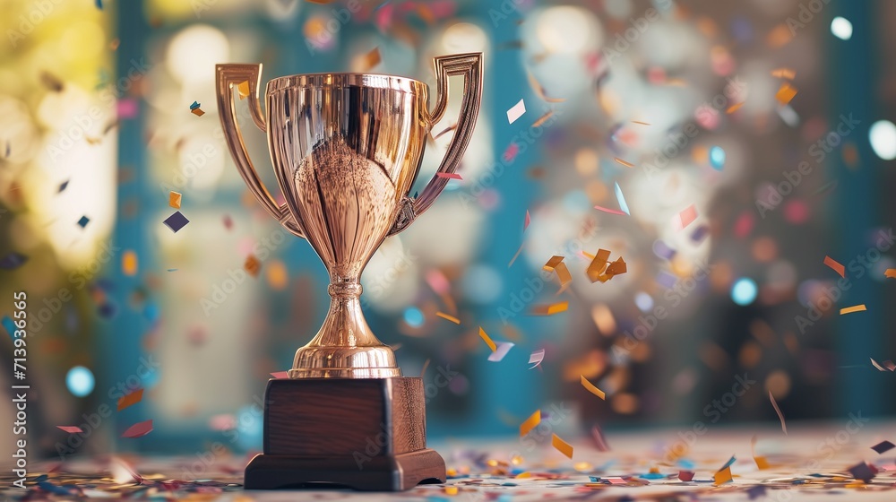 A gleaming gold winners trophy cup takes center stage amidst a shower ...