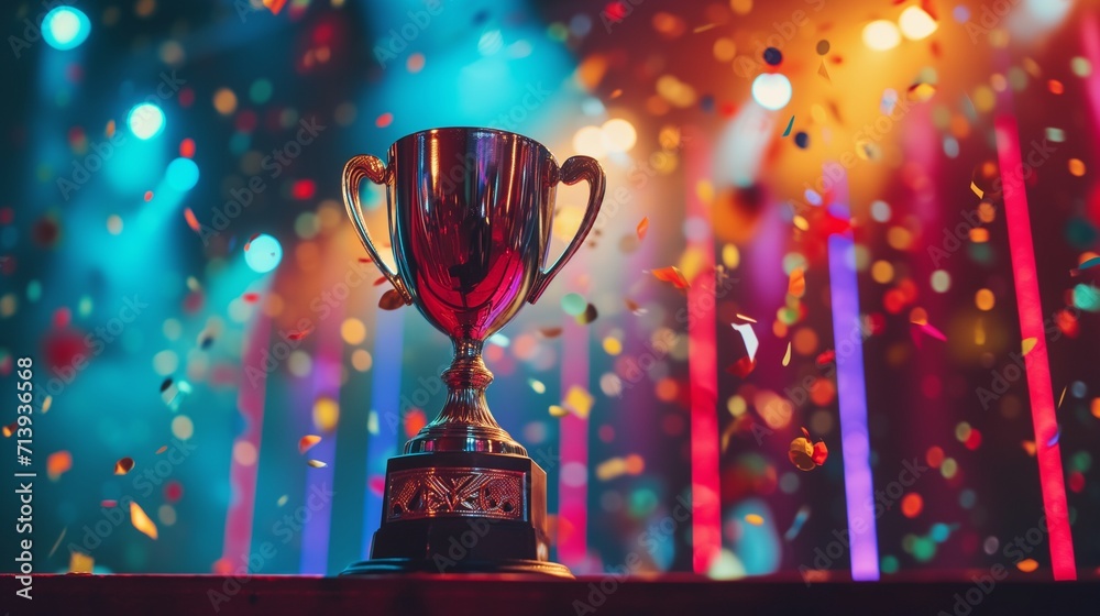 A gleaming gold winners trophy cup takes center stage, surrounded by a ...