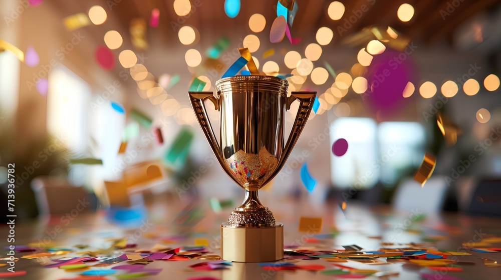 A gleaming gold winners trophy cup takes center stage amidst a shower ...