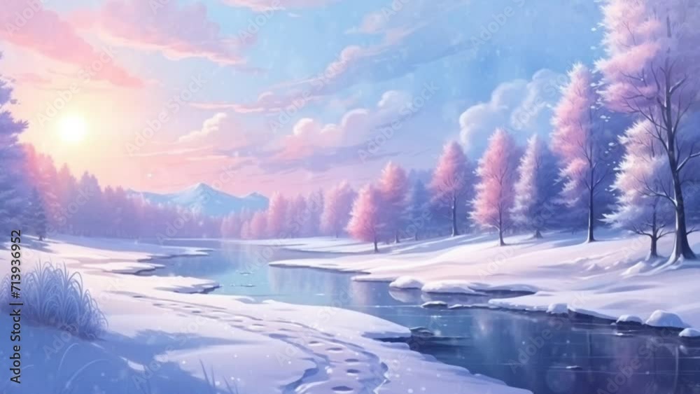 Animated winter cartoon landscape background with snowfall. 4k time ...