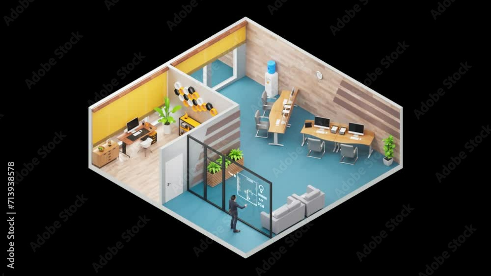 Animated Office layout, floor plan in 3D Isometric Style. Loop ...