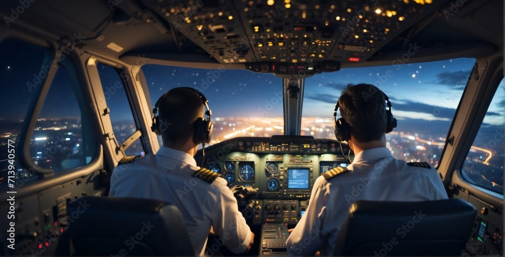 The pilot and co pilot are operating the plane, in the night sky, the ...