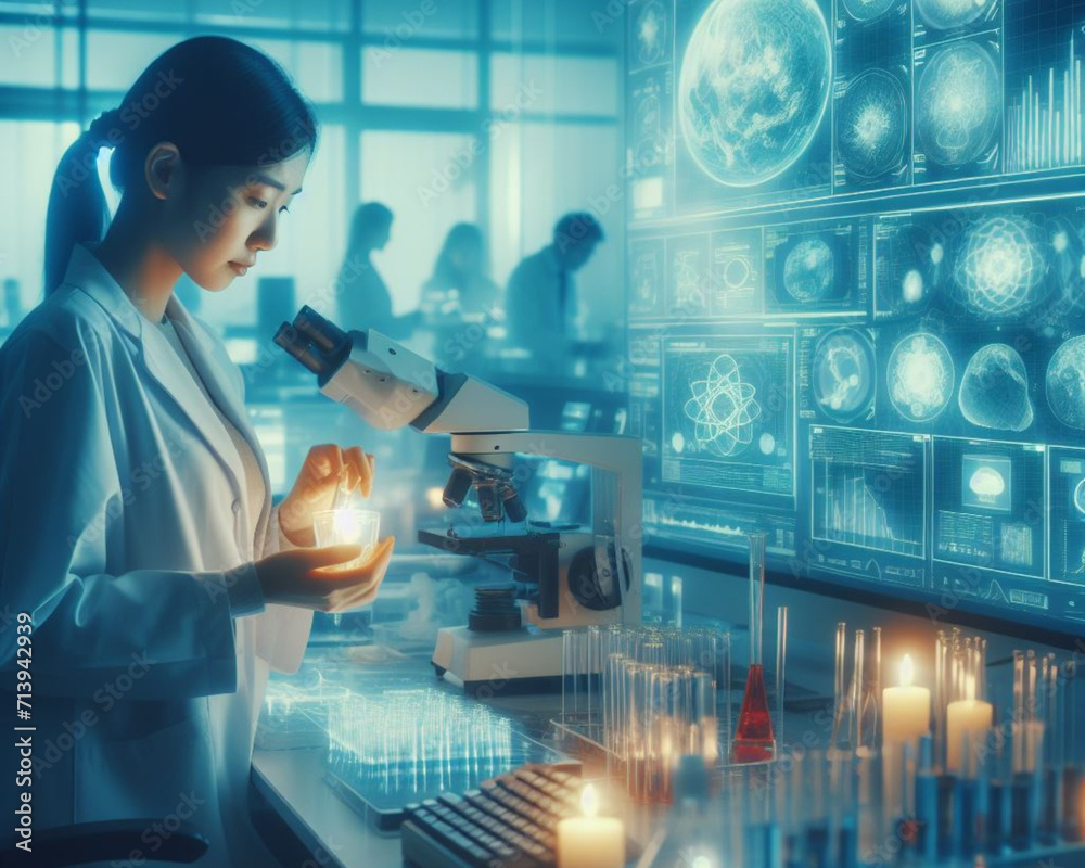 atmospheric scene of a scientist working diligently in a high-tech ...