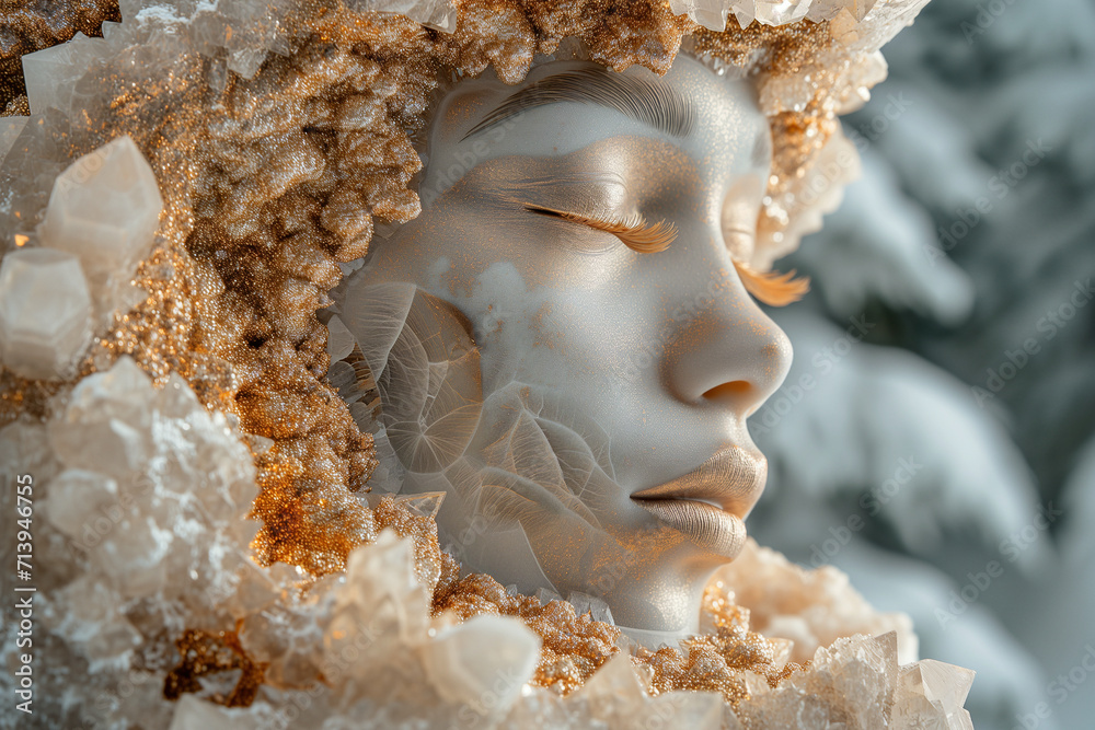 Captivating image a close up woman's face crafted from the of a crystal ...