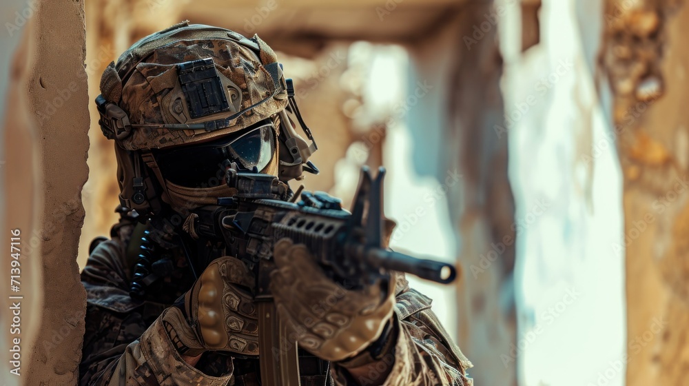 Soldier in modern warfare. Special forces troops with machine guns and ...
