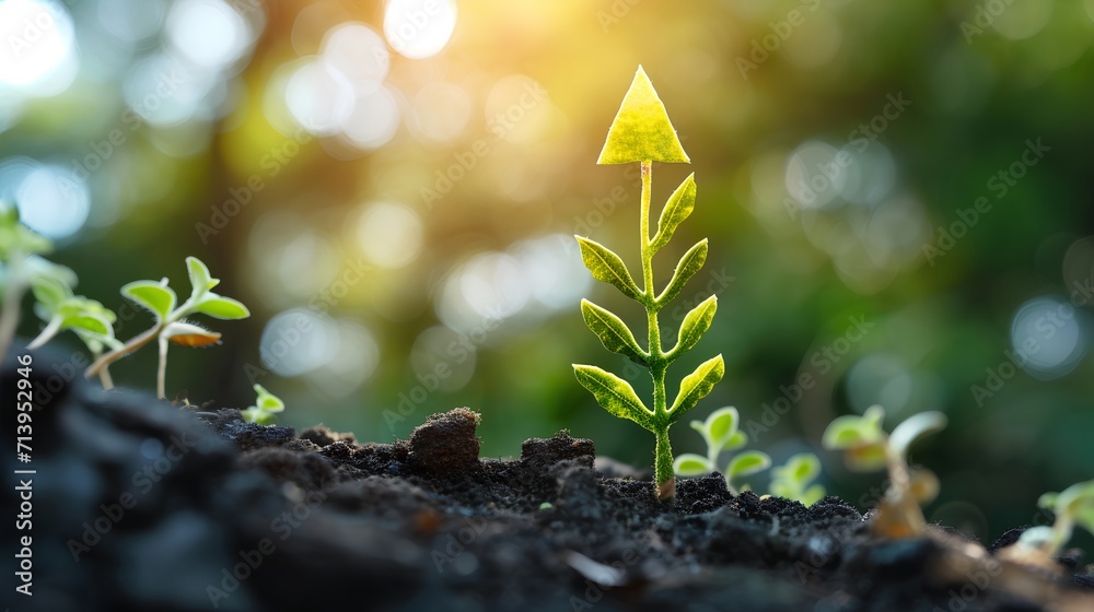 Poster A young green plant sprouting from the soil with an upward arrow ...