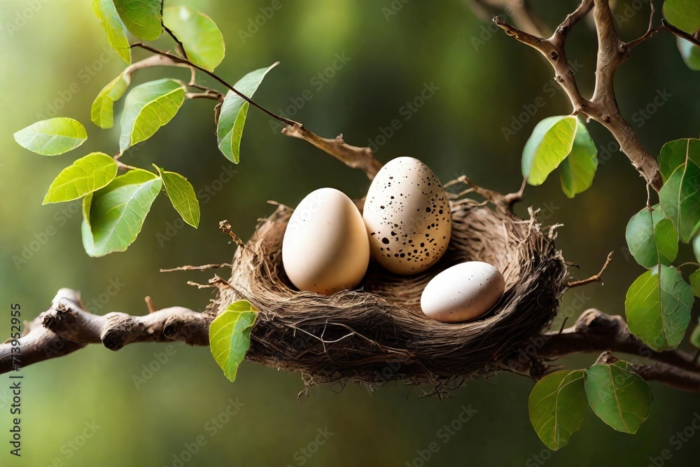 Three Bird Eggs Nestled in a Natural Twig Nest Amidst Fresh Green ...
