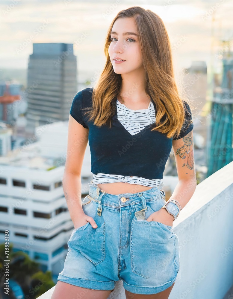 Young female millennial on a rooftop, showcasing her tattoos and ...