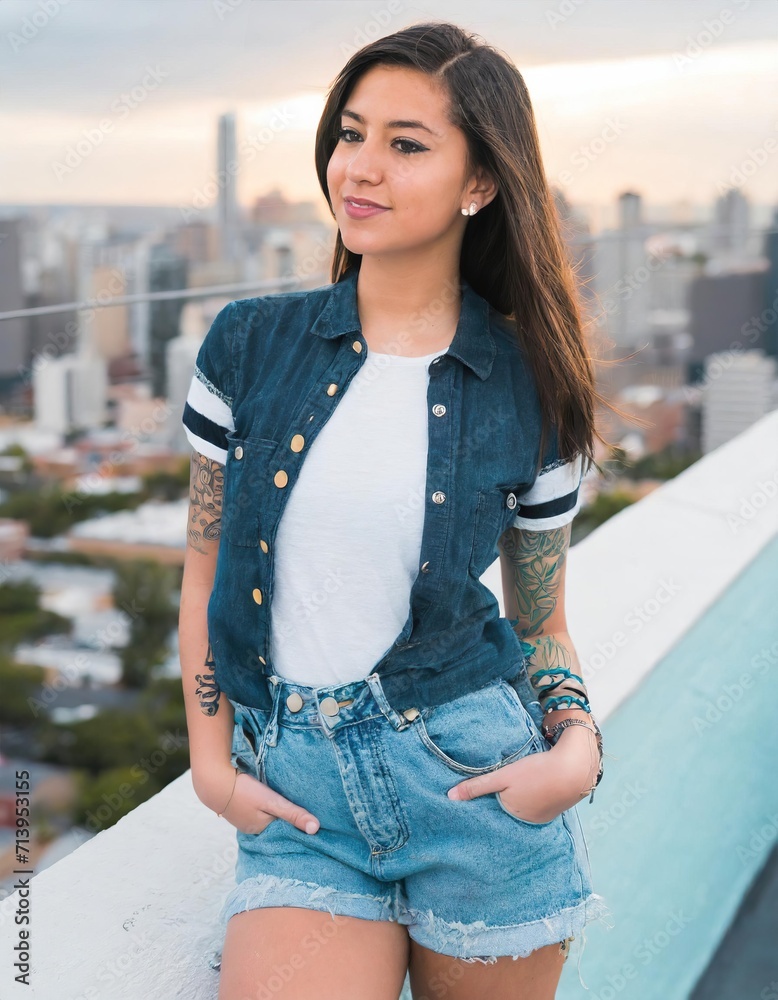 Young female millennial on a rooftop, showcasing her tattoos and ...