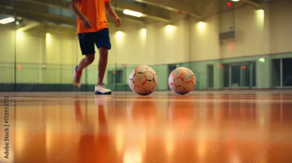 Football futsal player, ball, futsal floor. Sports background. Indoor ...